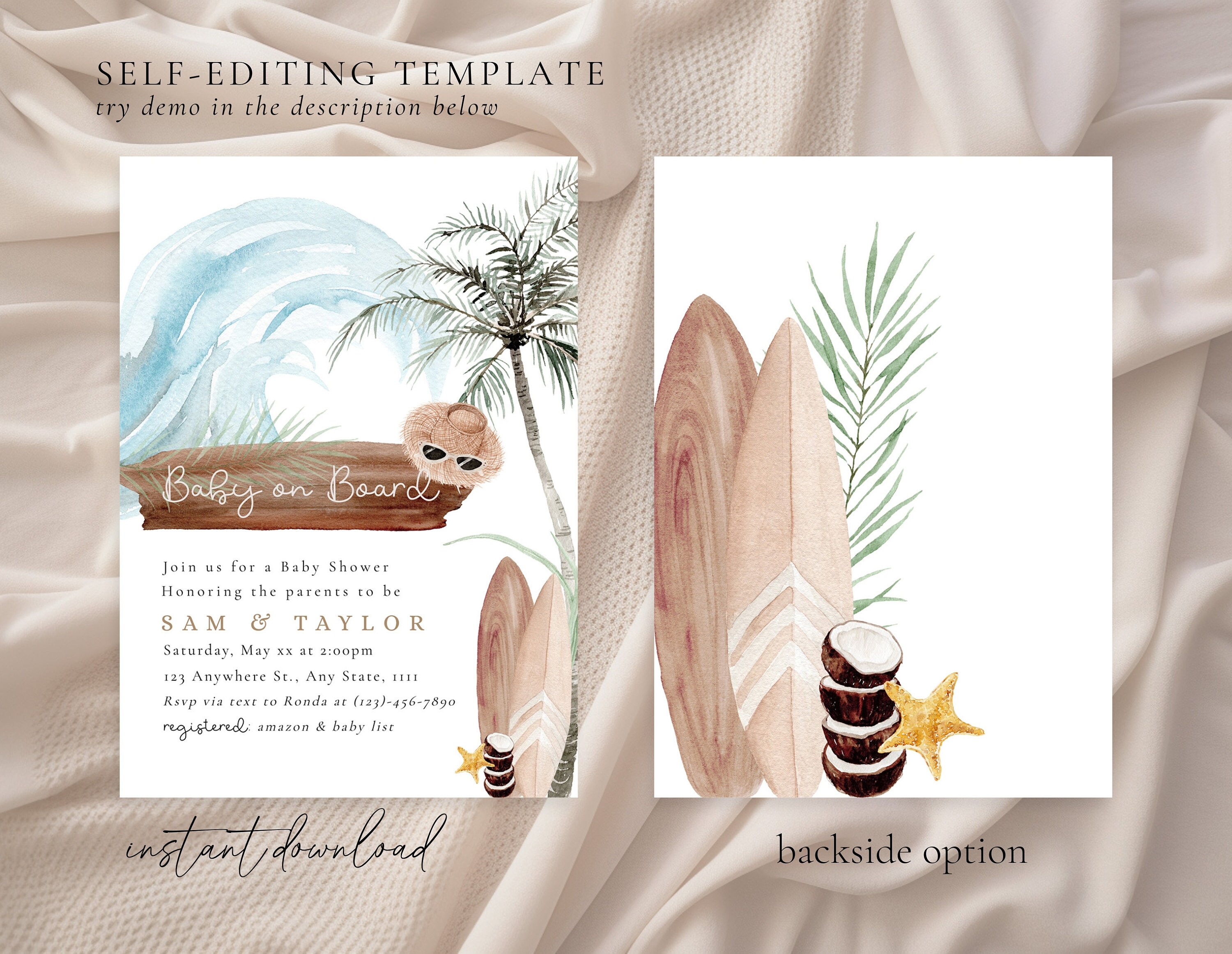 Baby on Board Invitation | Surf Beach Baby Shower Editable Invitation ...
