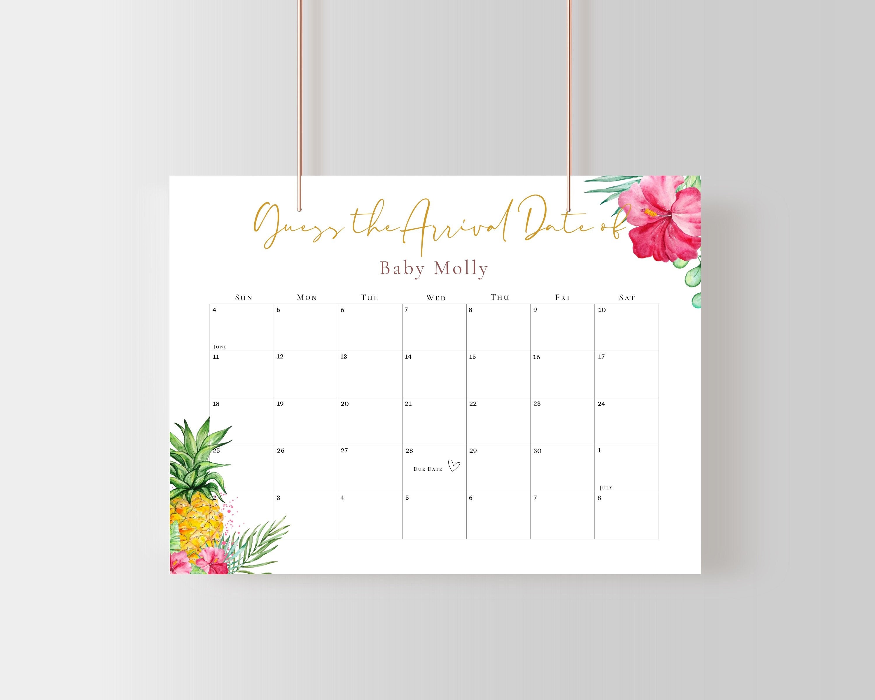Guess the Arrival Date Aloha Baby Shower, Tropical Due Date Calendar ...