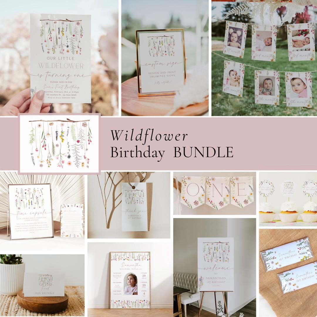 Wildflower First Birthday Bundle | Editable Floral Birthday Package ...