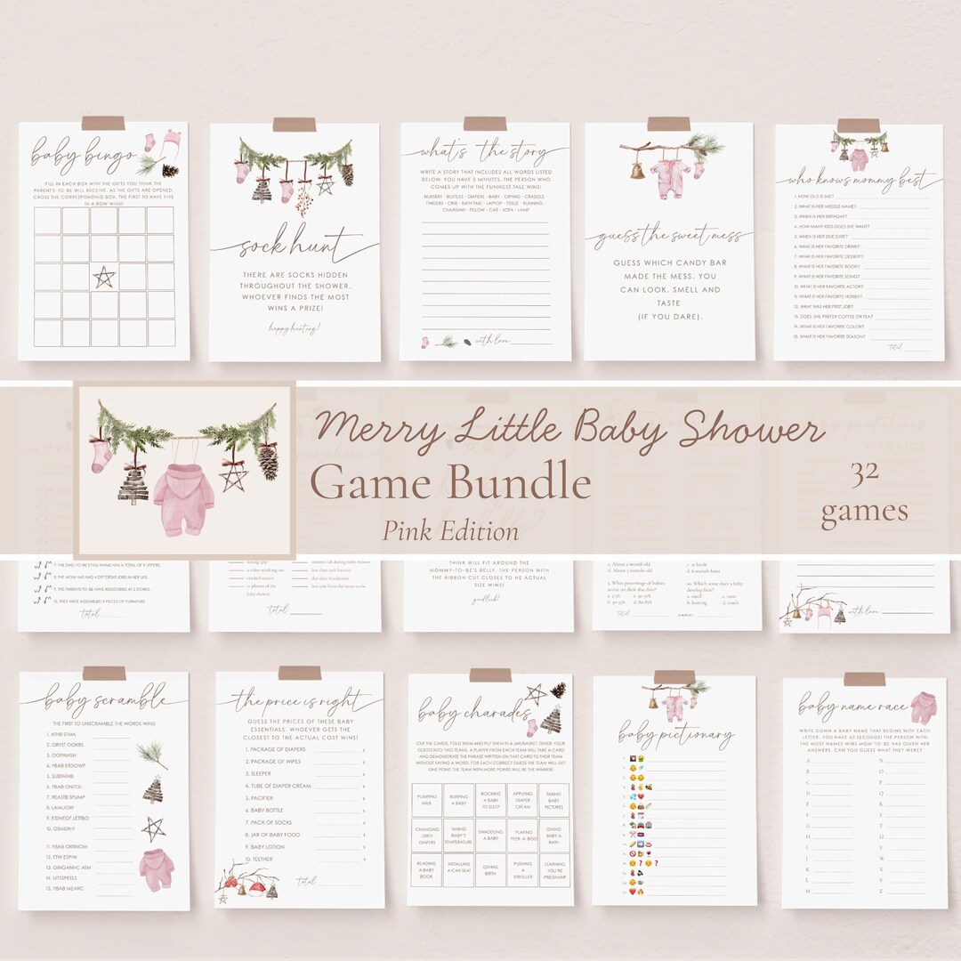 Merry Little Baby Shower Games | Pink Christmas Baby Shower Game Pack ...