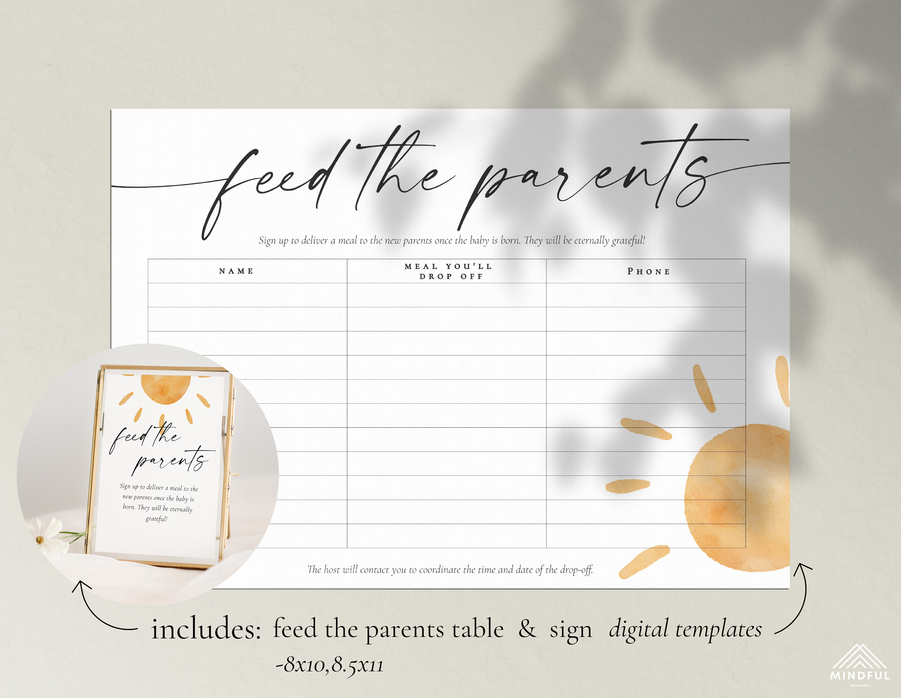 Feed the Parents Boho Sun Baby Shower, Meal Train Sign up Instant ...