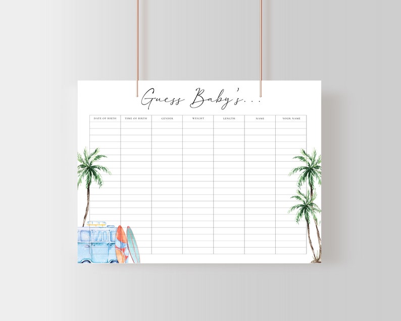 Guess Baby’s Stats Baby on Board Summer, Prediction Baby Shower Game ...