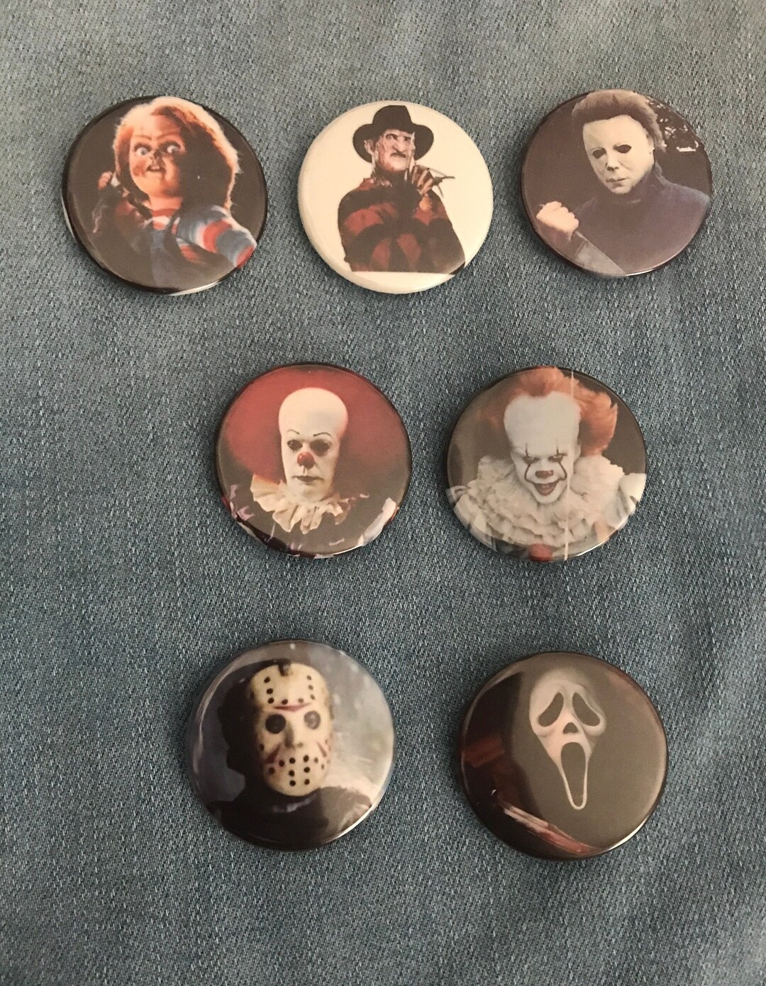 Horror Movie Pin Back Button 1.5”. Chucky - Freddy Krueger - Jason - It ...
