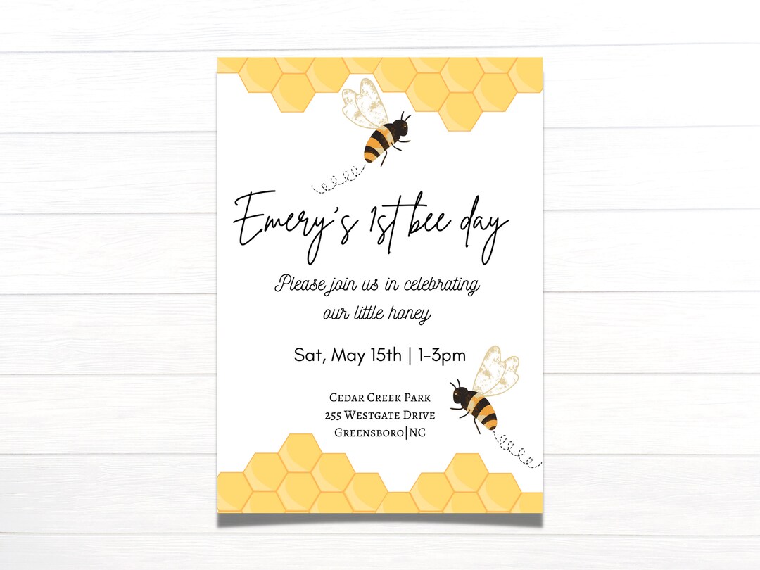 My First Bee Day Invitation, First Birthday Invitation Girl, Editable ...