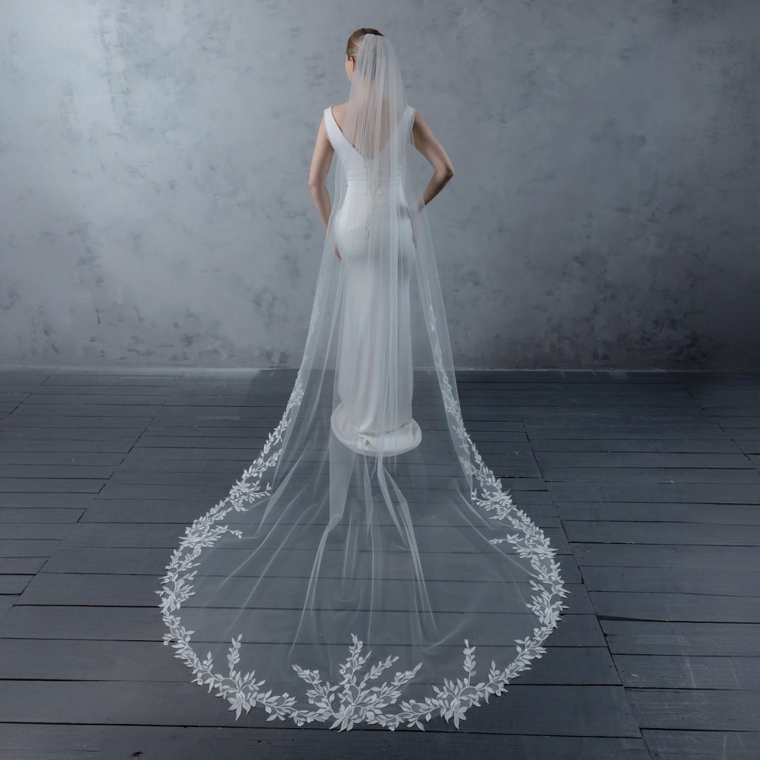 Cathedral Leaf Lace Wedding Veil - Floral Lace Beaded With Sequins - 1 ...