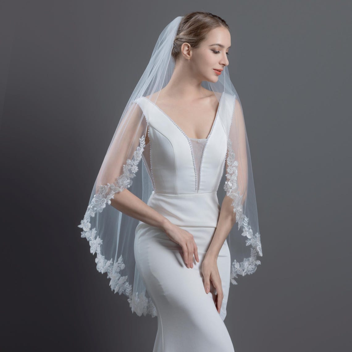 Ivory Floral Lace Wedding Veil With Beaded Rhinestones Sequins ...