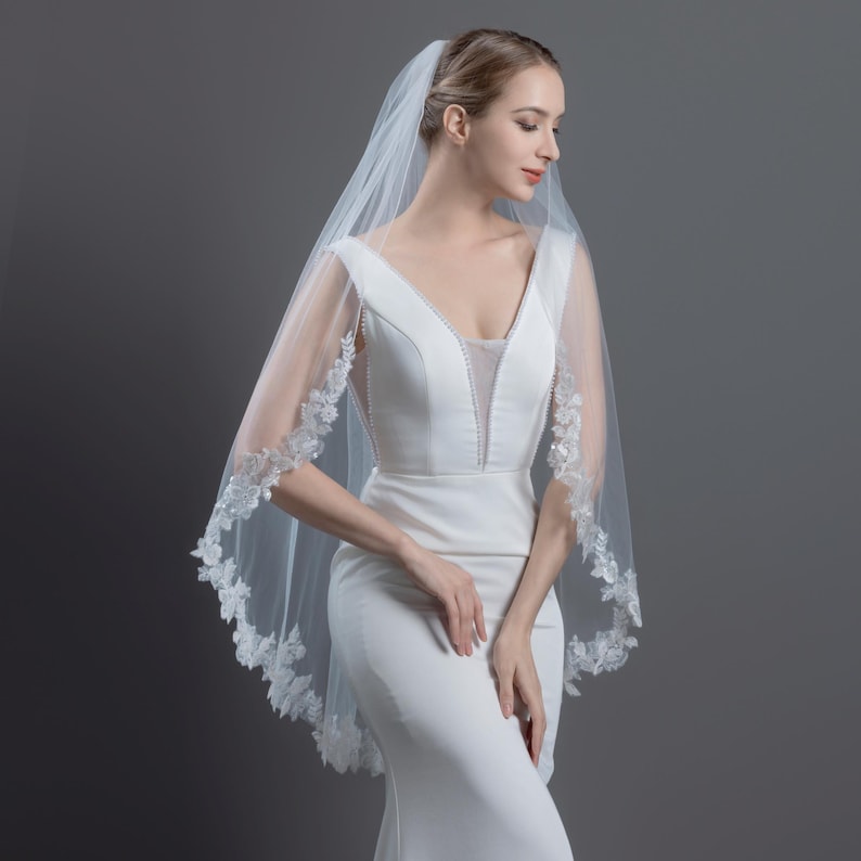 Ivory Floral Lace Wedding Veil With Beaded Rhinestones Sequins ...