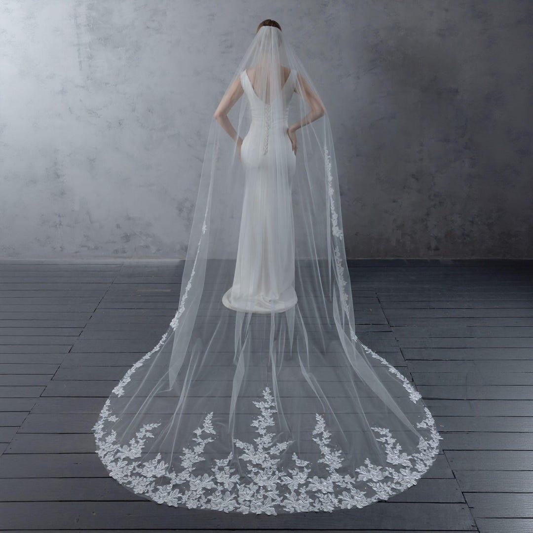 Extra Full Cathedral Lace Wedding Veil - One Tier Ivory Floral Lace ...