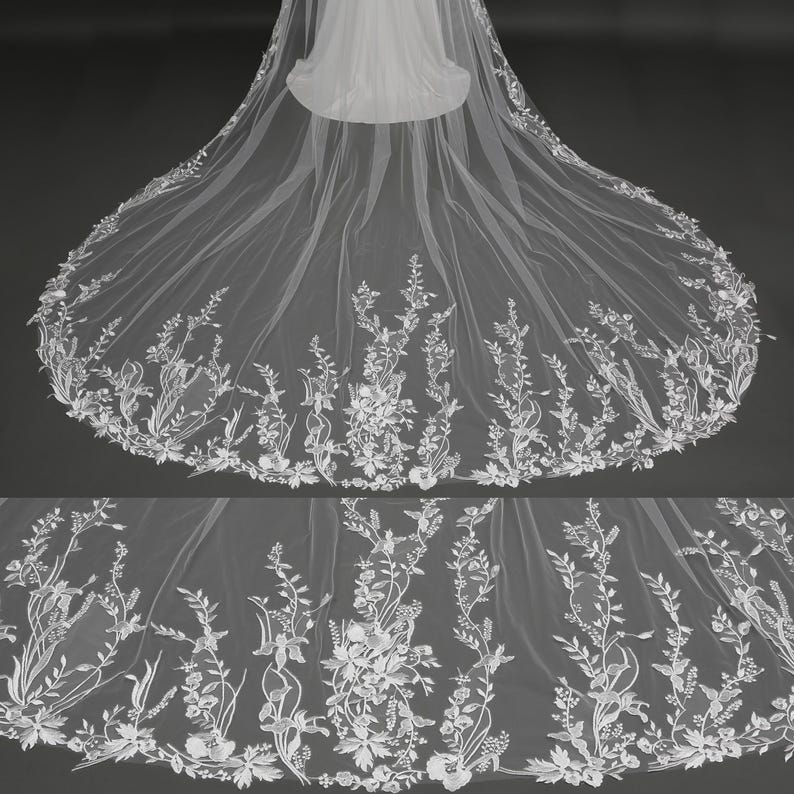 Royal Cathedral Lace Wedding Veil - One Tier Ivory Floral Lace ...
