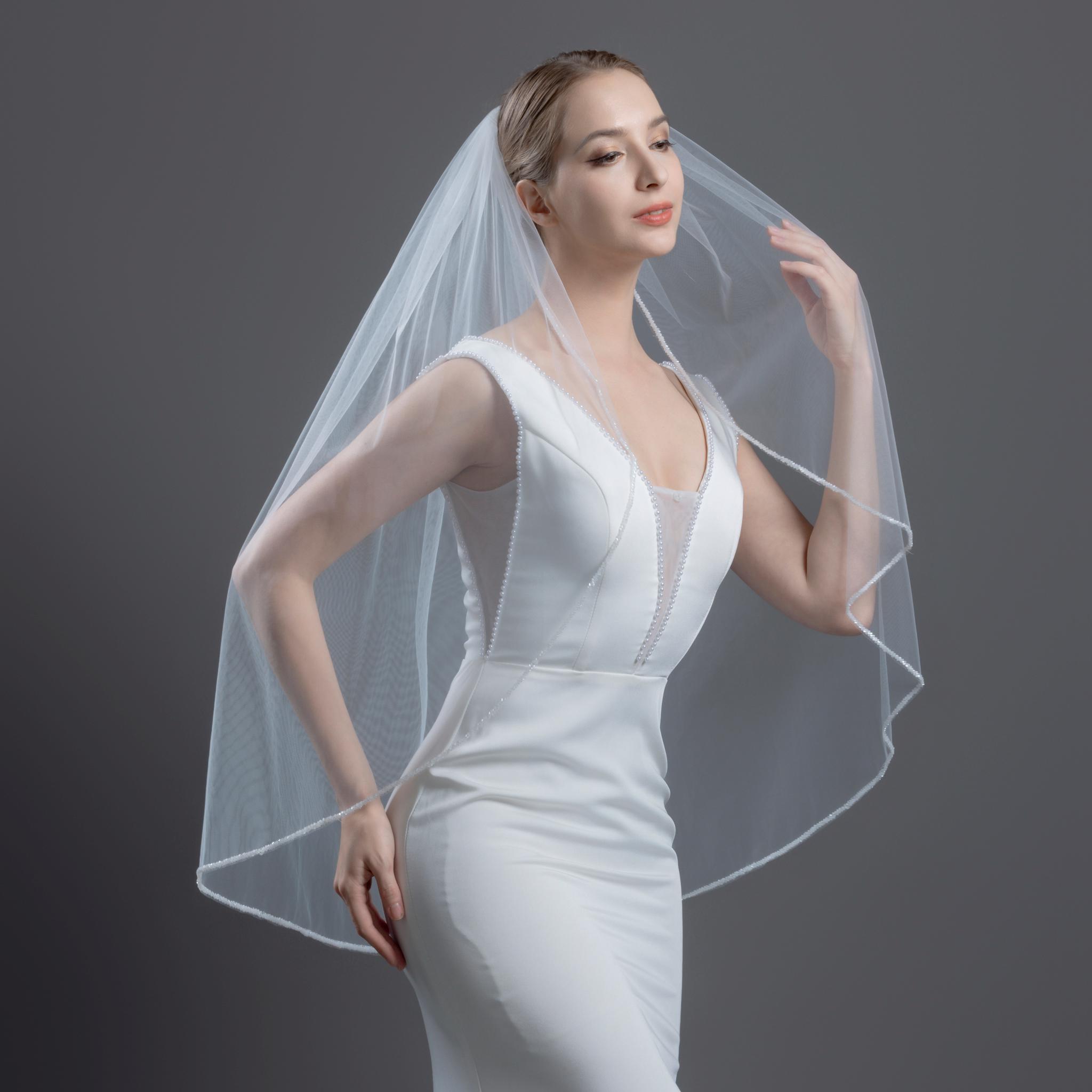 Frosted Beaded Wedding Veil – Fingertip/knee Length, Beaded Edge With Bugle Beads, 1-tier Ivory ...