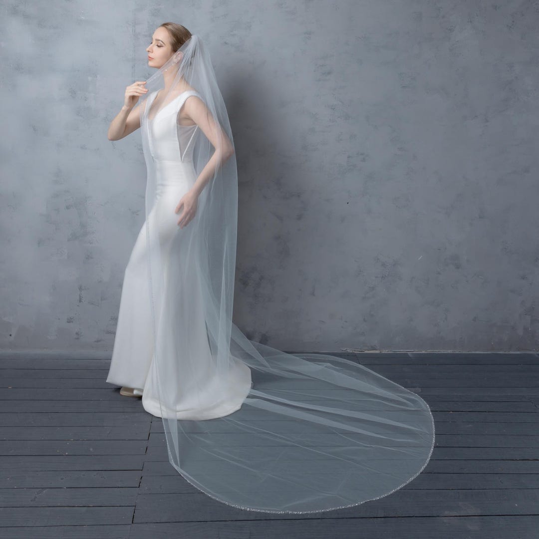Cathedral Pearl Beaded Edge Wedding Veil, Beaded Edge Bridal Veil, One ...