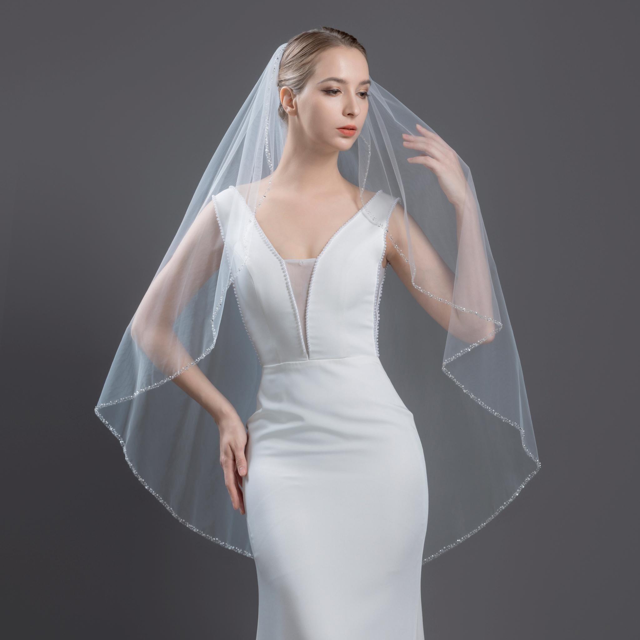 Angel Cut Cascade Wedding Veil, Pearl Sequin Beaded Edge, Fingertip ...