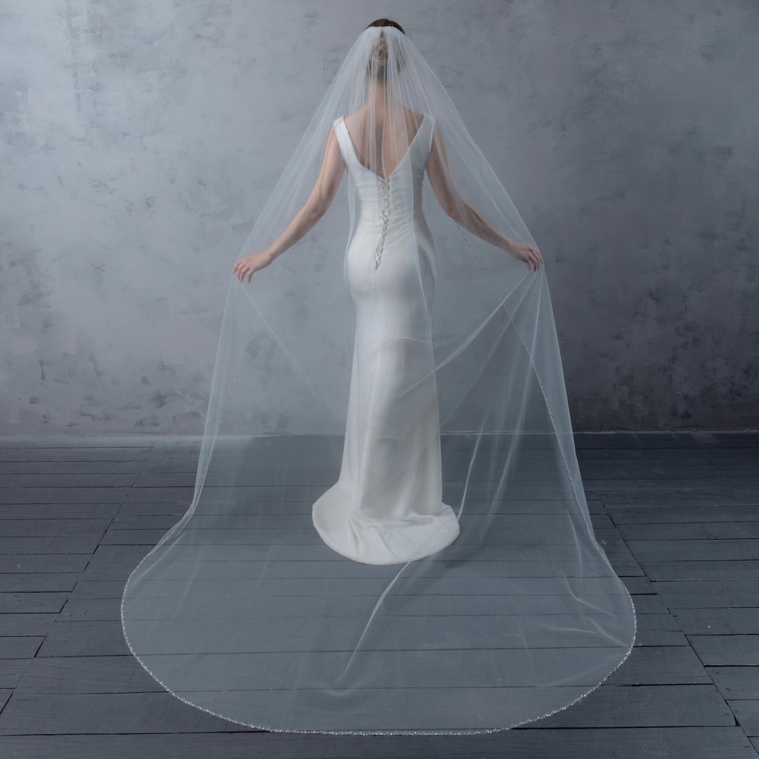 Cathedral Rhinestone Beaded Wedding Veil, Crystal Beaded Edge Bridal ...