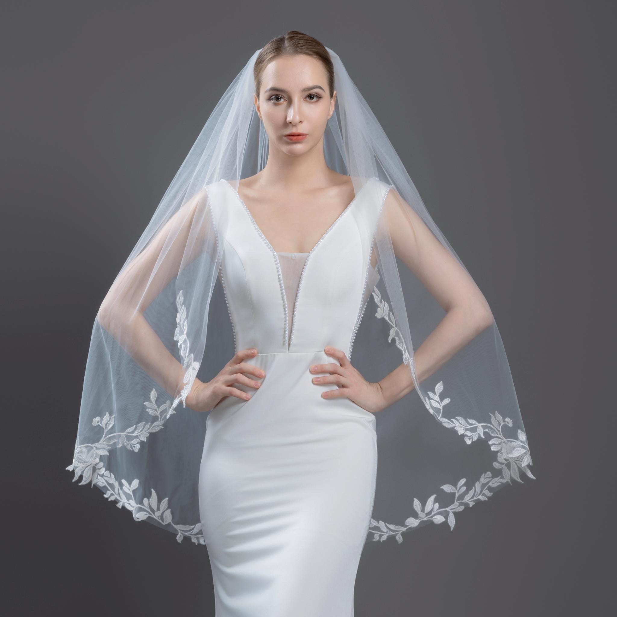 Leaf Lace Wedding Veil, Fingertip to Cathedral Length, Floral Sequin ...
