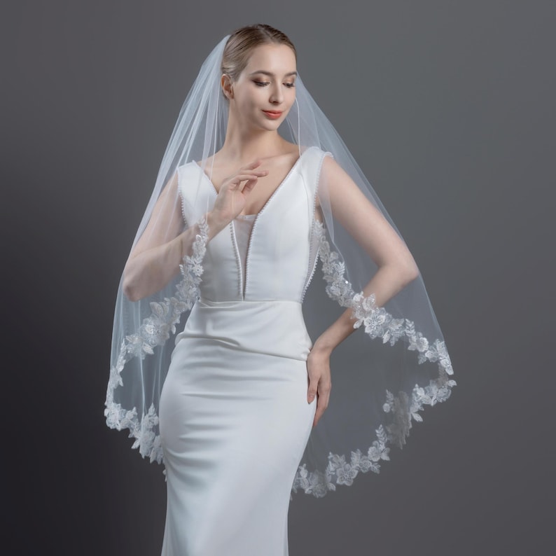 Ivory Floral Lace Wedding Veil With Beaded Rhinestones Sequins ...