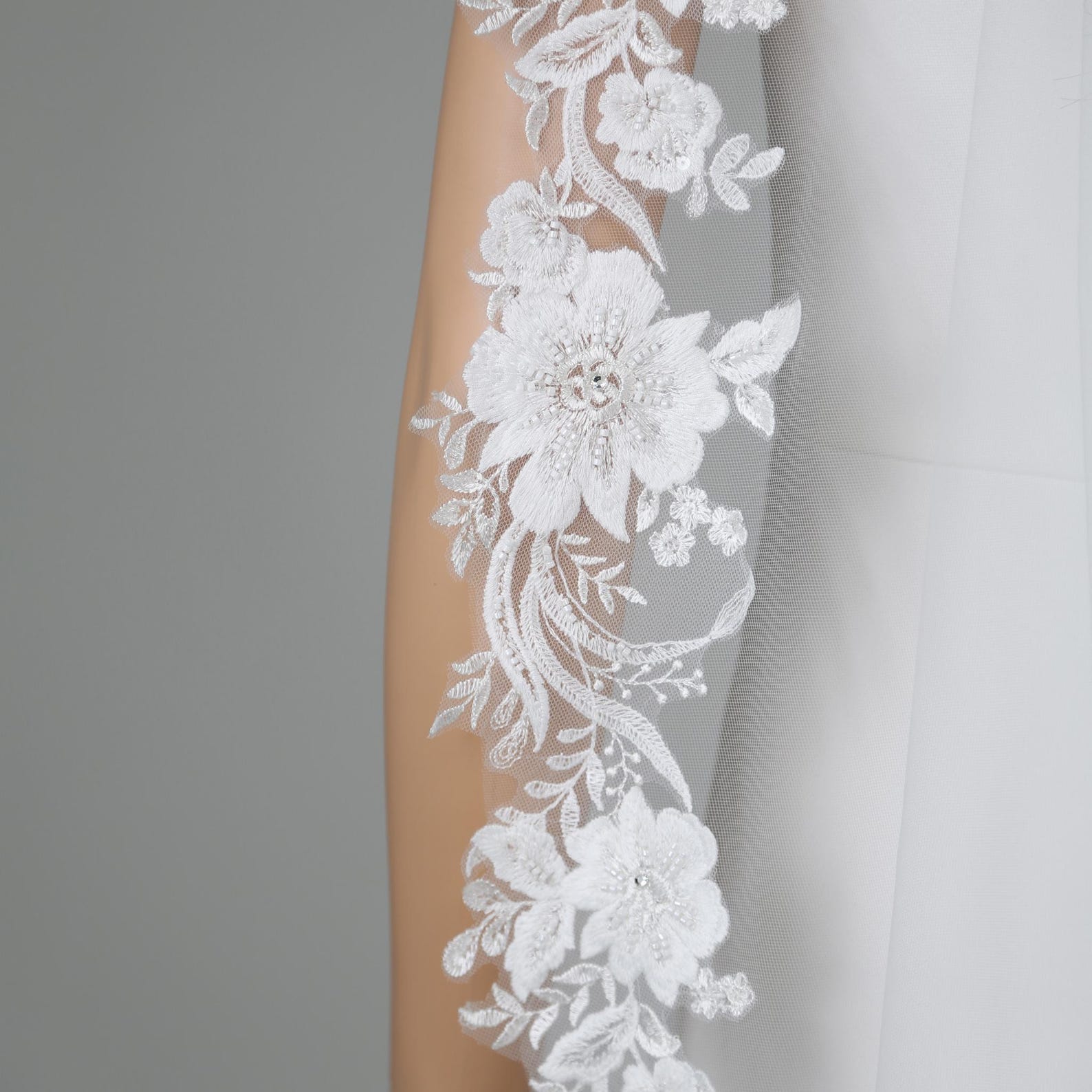 Cathedral Floral Lace Wedding Veil, Frosted Seed Beads, Sequin ...