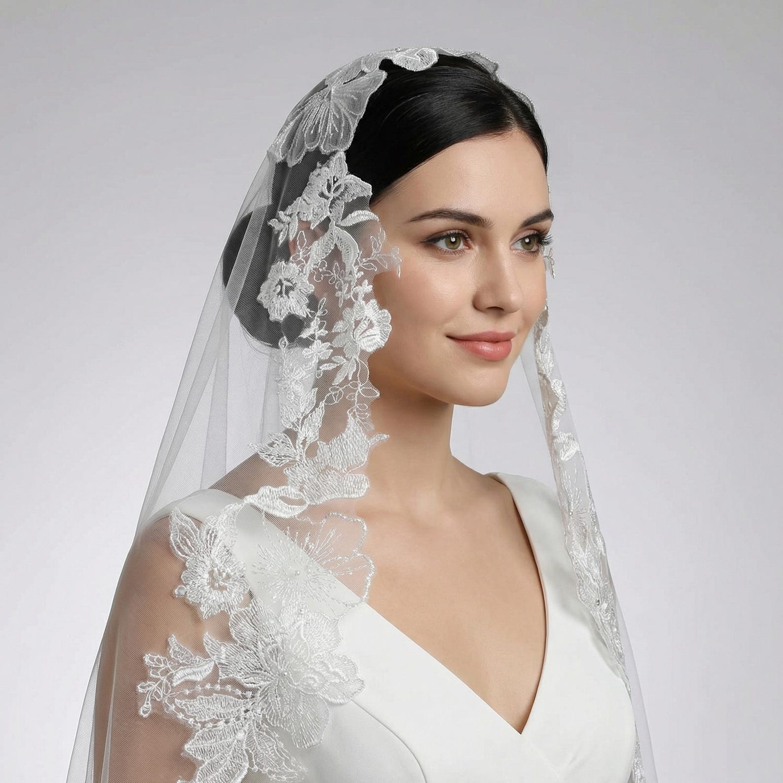 Floral Mantilla Wedding Veil, Sequin Rhinestone Lace Edge, Fingertip ...