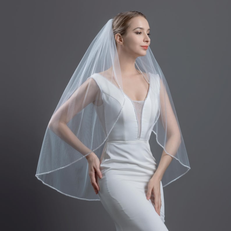 Frosted Beaded Wedding Veil – Fingertip/knee Length, Beaded Edge With Bugle Beads, 1-tier Ivory ...