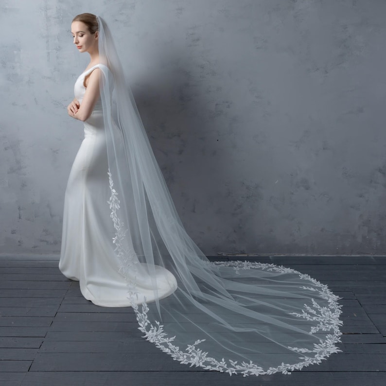 Cathedral Leaf Lace Wedding Veil - Floral Lace Beaded With Sequins - 1 ...