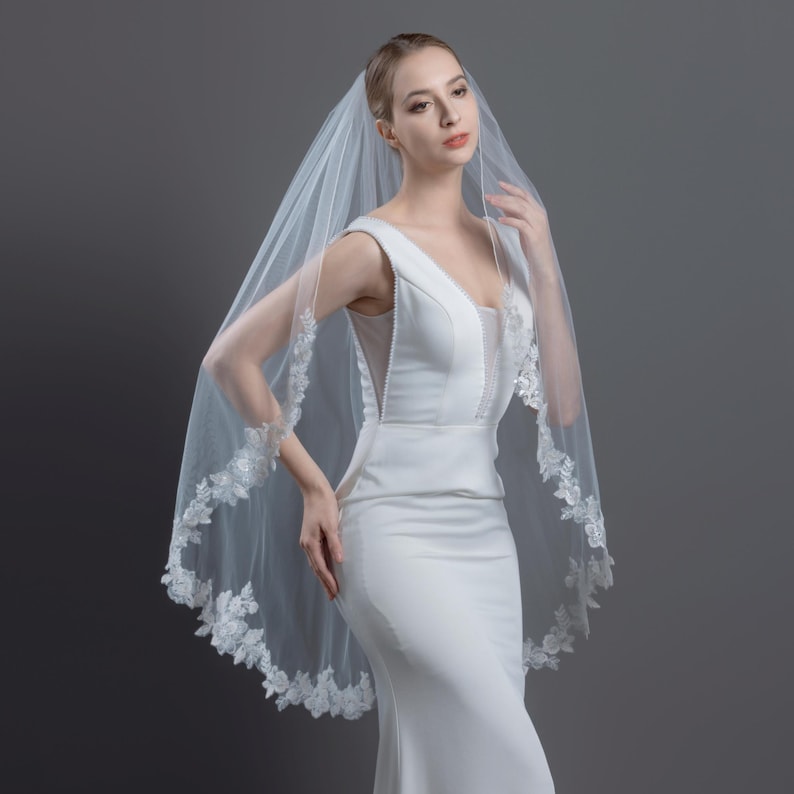 Ivory Floral Lace Wedding Veil With Beaded Rhinestones Sequins ...