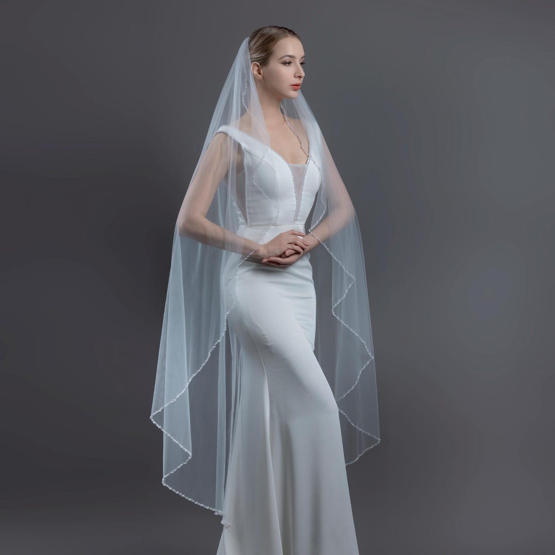 Angel Cut Pearl Wedding Veil - Beaded Edge With Crystals, Pearls ...