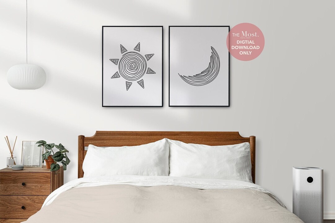 Minimalist Sun and Moon Line Wall Art Set of 2, Minimalist Line Digital ...