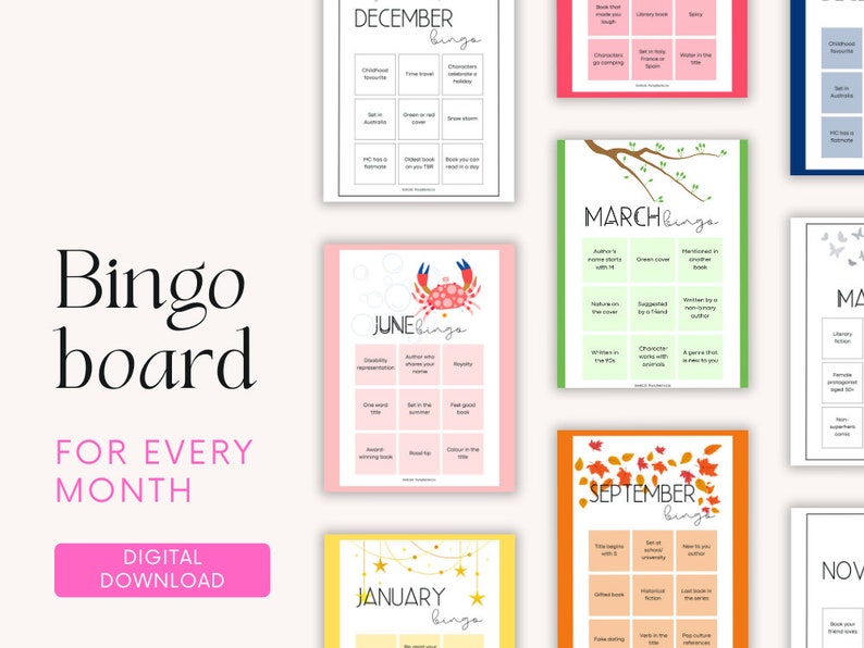 Monthly TBR Bingo Boards Reading Challenge Prompts - Etsy
