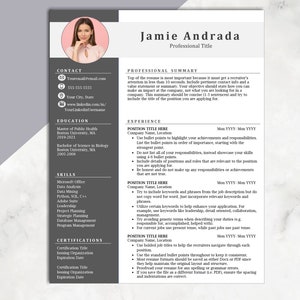 Professional Photo Resume Template for Word, 1,2,3 Page Resume ...
