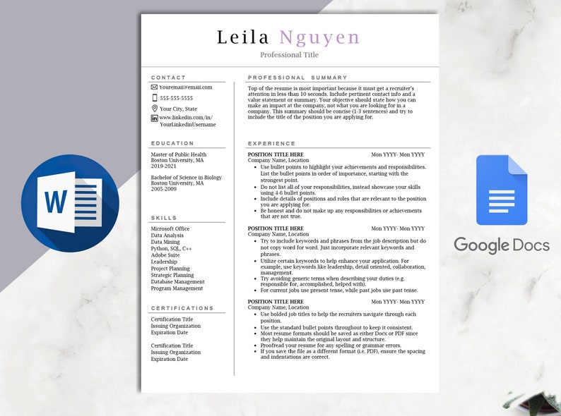 Google Docs and Word Resume, CV Template for Word and Google, New ...