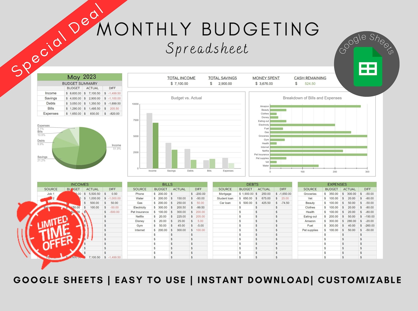 Monthly Budget Spreadsheet Google Sheets, Personal Budget, Budget ...