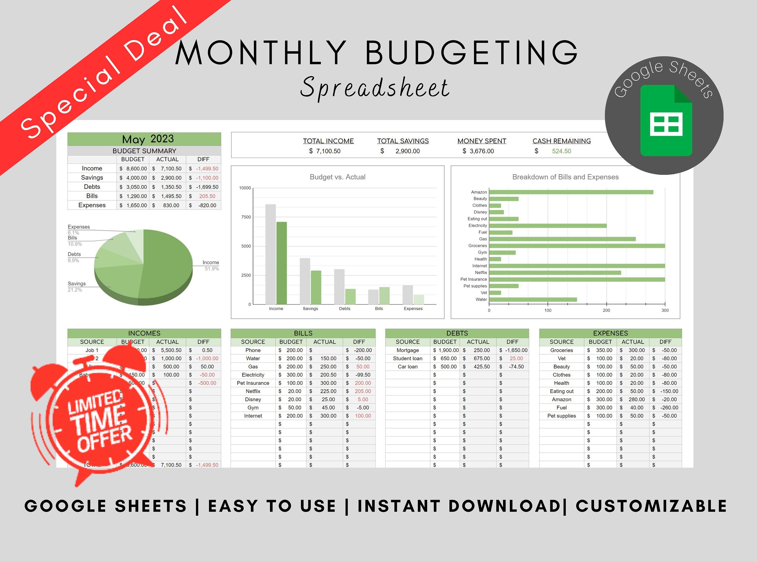 Monthly Budget Spreadsheet Google Sheets, Personal Budget, Budget ...