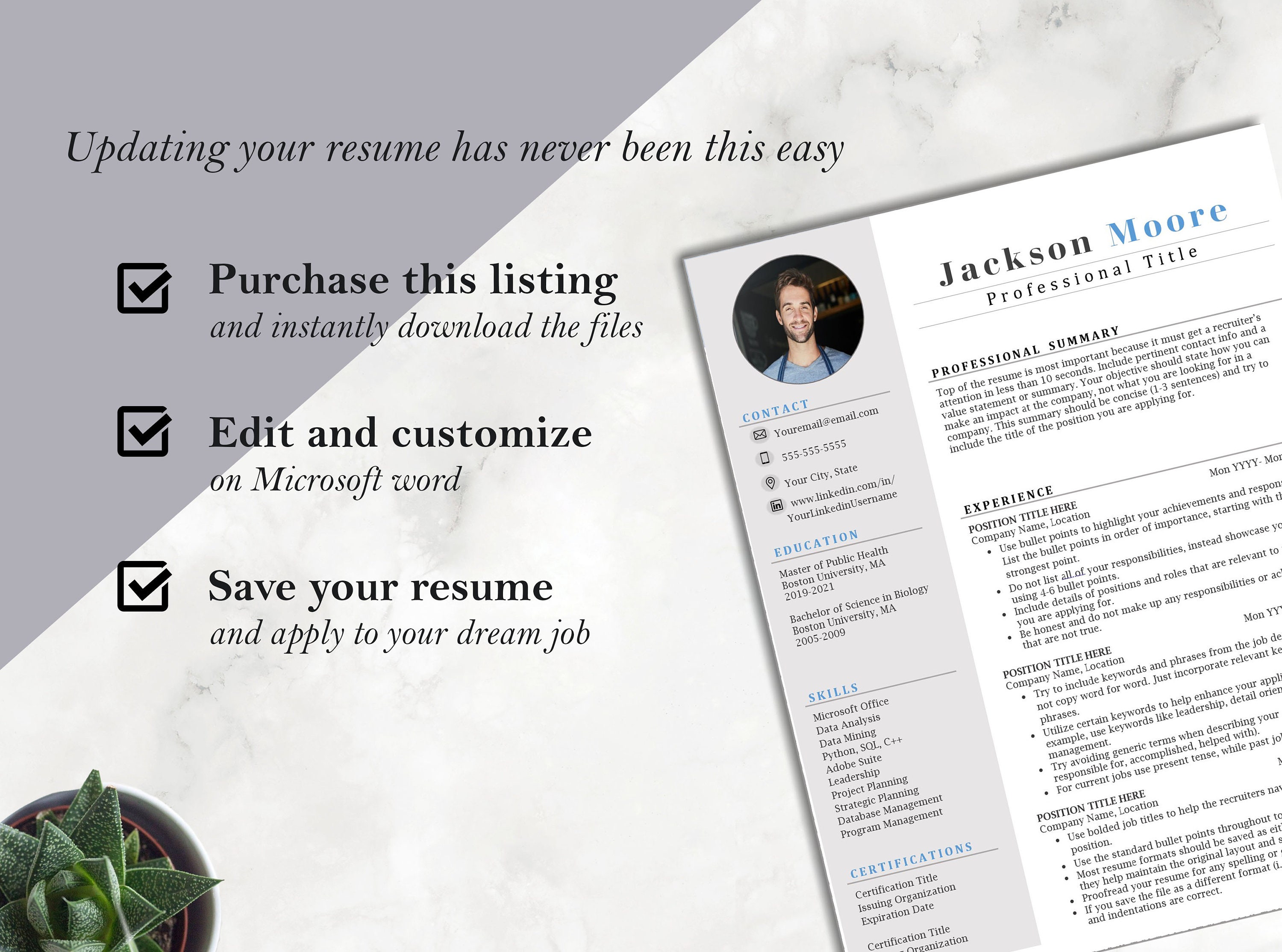 Photo Resume Template, Resume Template for MS Word, Professional Modern ...