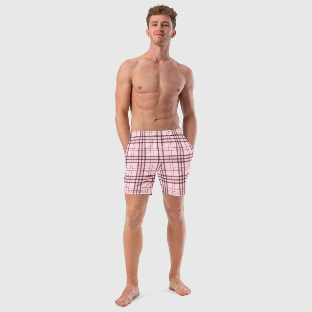 Pink Plaid Swim Trunks for Men Board Shorts Mens Bathing Suit Surf ...