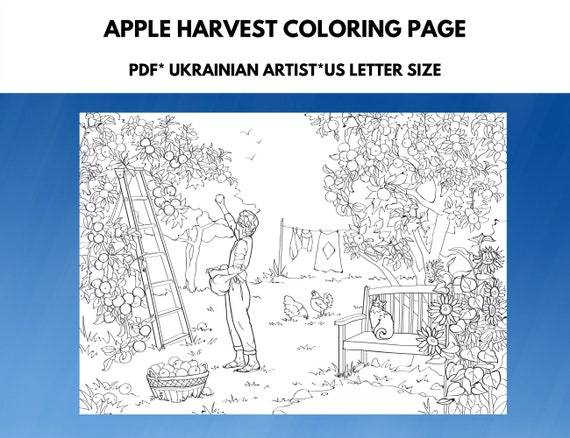 Apple Harvest Coloring Page Garden With Cat PDF Instant - Etsy