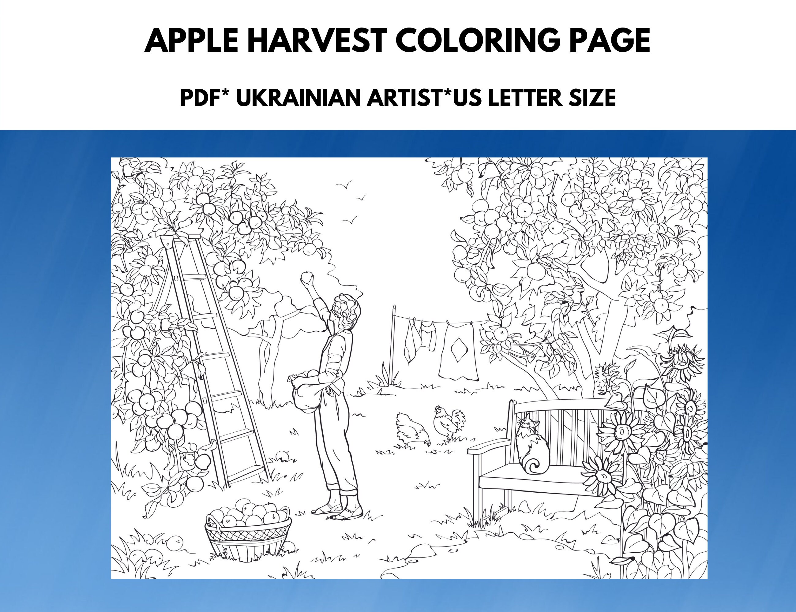 Apple Harvest Coloring Page, Garden With Cat, PDF, Instant Download ...