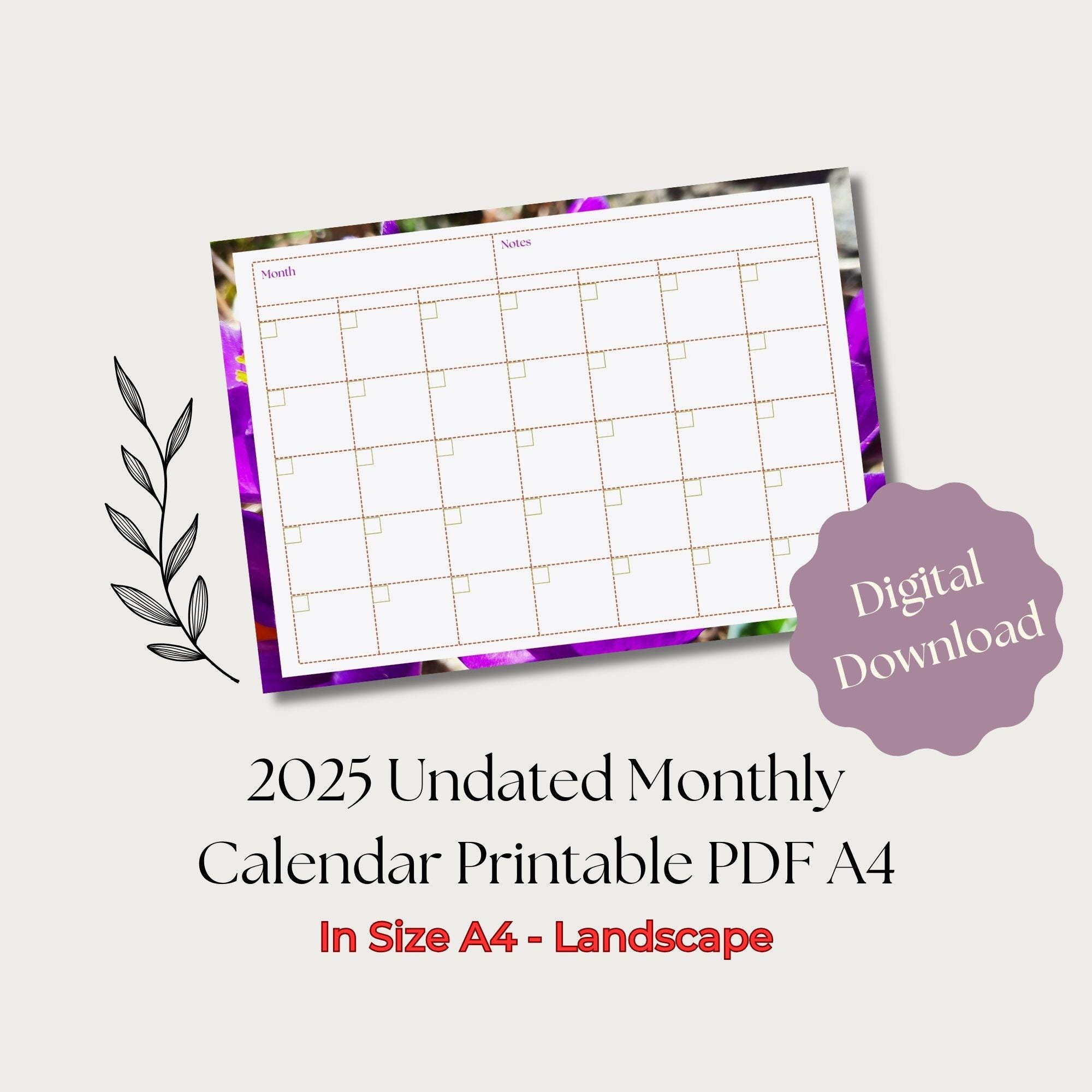 Floral Undated Monthly Calendar Printable, A4 Landscape (PDF) - Etsy