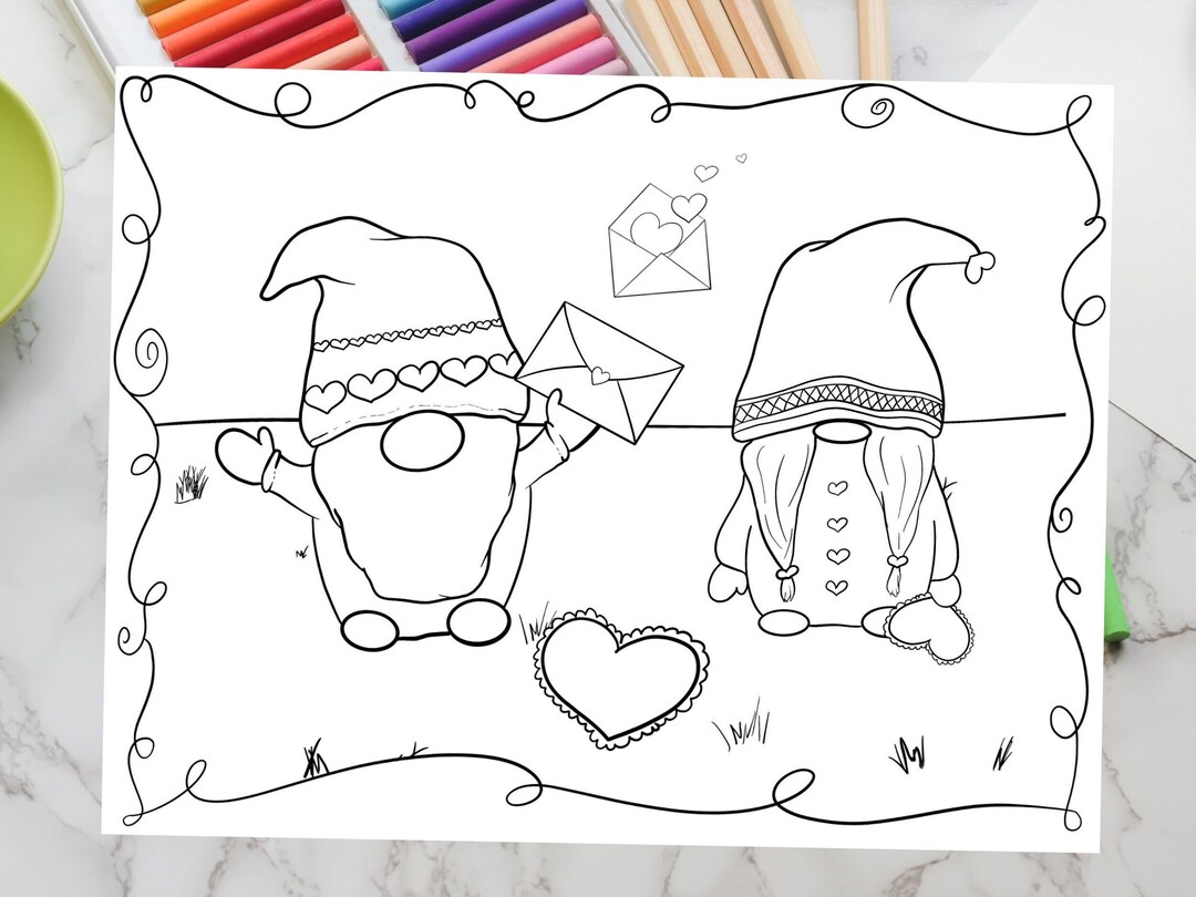 Valentine's Day Gnome Coloring Page | Printable Kids Craft (PDF) - Etsy