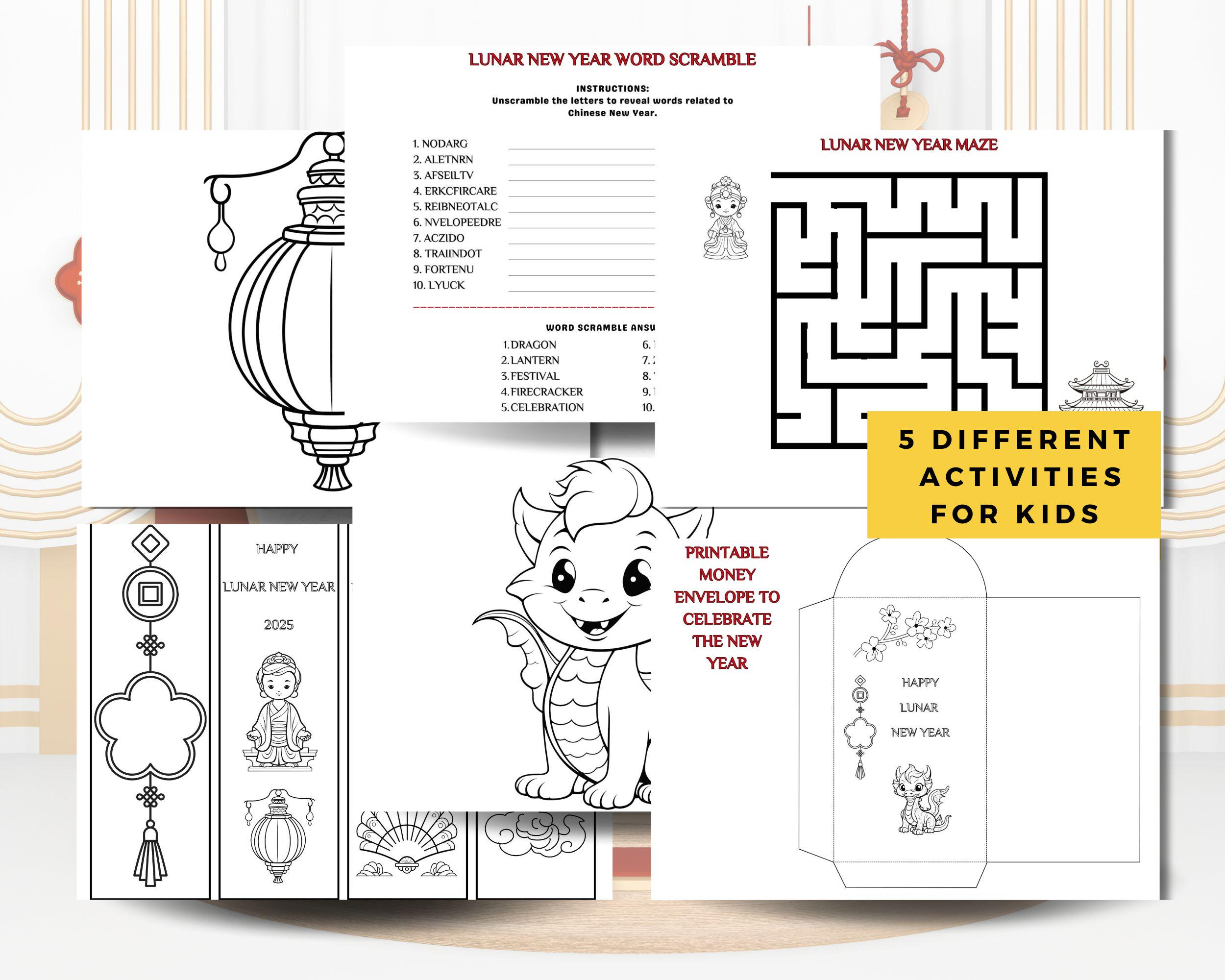 Chinese New Year Activities Bundle for Kids: Coloring Pages, Maze, Word ...