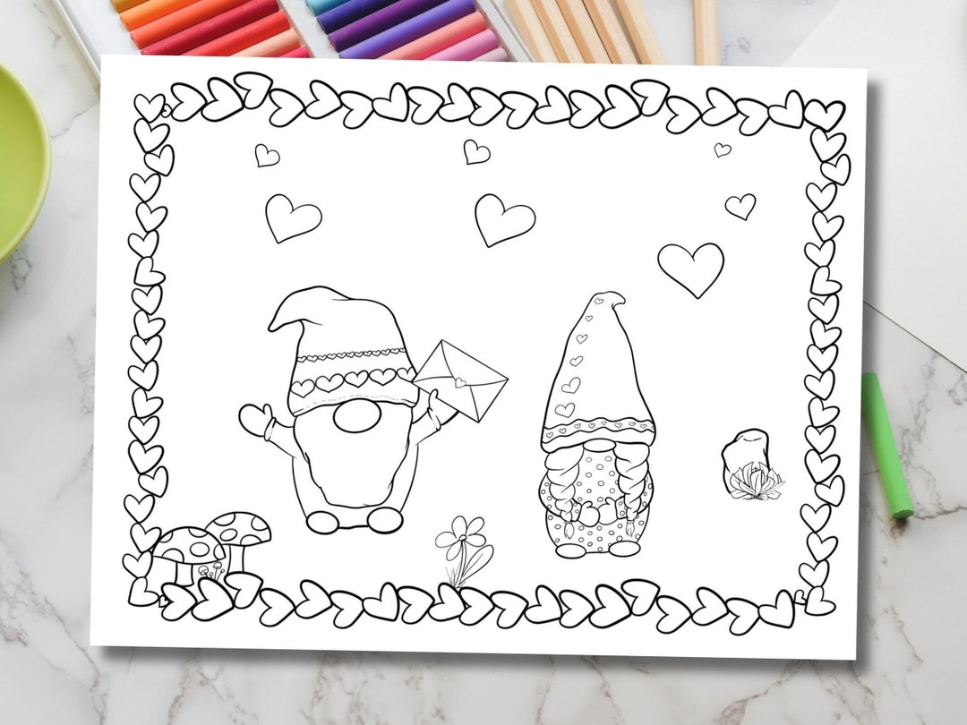 Valentine's Day Gnome Coloring Page | Kids Craft (printable PDF) - Etsy