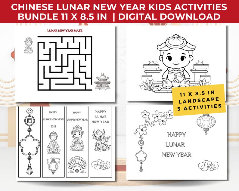 Chinese New Year Activities Bundle for Kids: Coloring Pages, Maze, Word ...