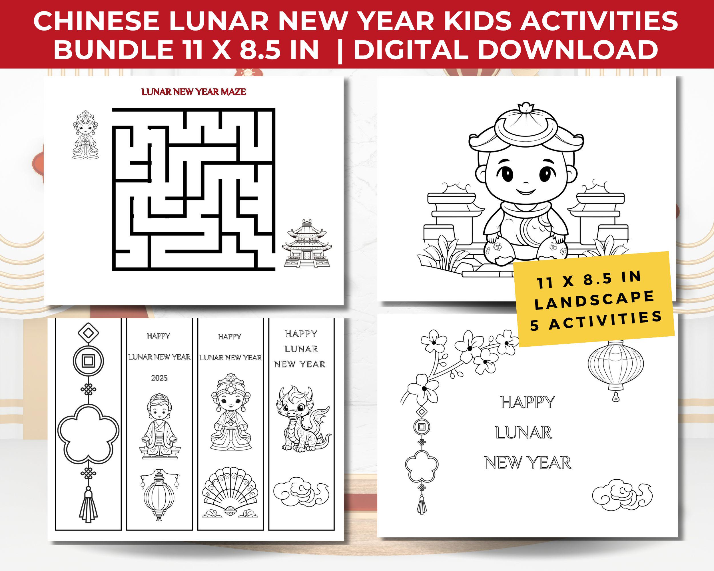 Chinese New Year Activities Bundle for Kids: Coloring Pages, Maze, Word ...