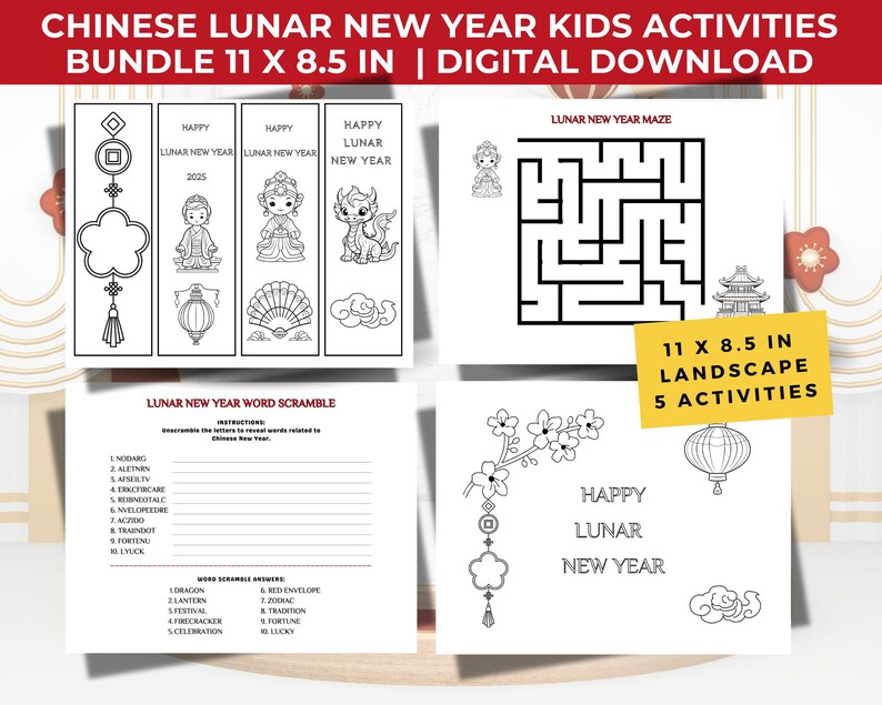 Lunar New Year Activity Pack: Kids Coloring Pages, Maze, Word Scramble ...