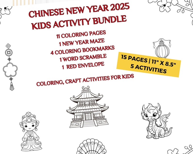 Chinese New Year Activities Bundle for Kids: Coloring Pages, Maze, Word ...