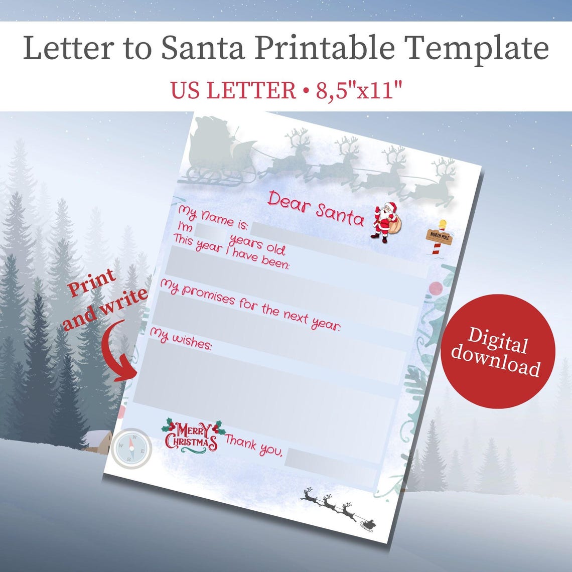 Letter to Santa Template, Dear Santa Letter Printable, Santa Claus ...