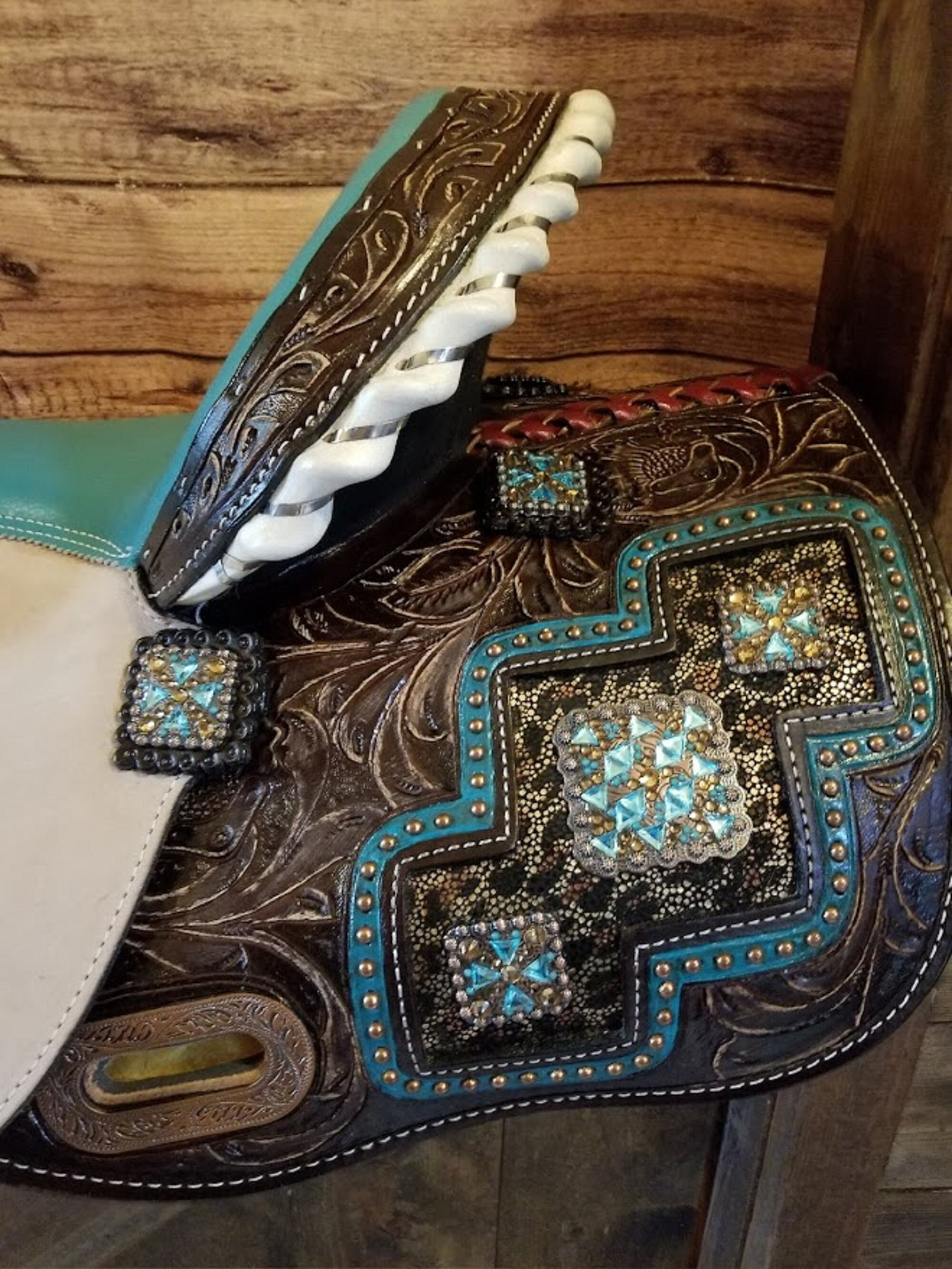 HORSE SADDLE 15 Double T Leopard Print Barrel Saddle Set Dark Oil ...