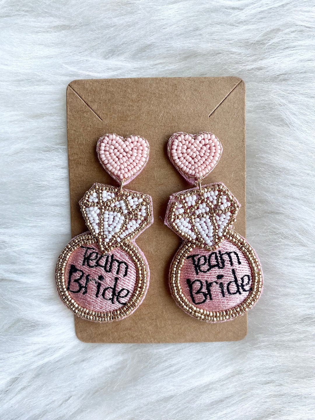 Pink Heart Gold Team Bride Ring Earrings Bachelorette - Etsy