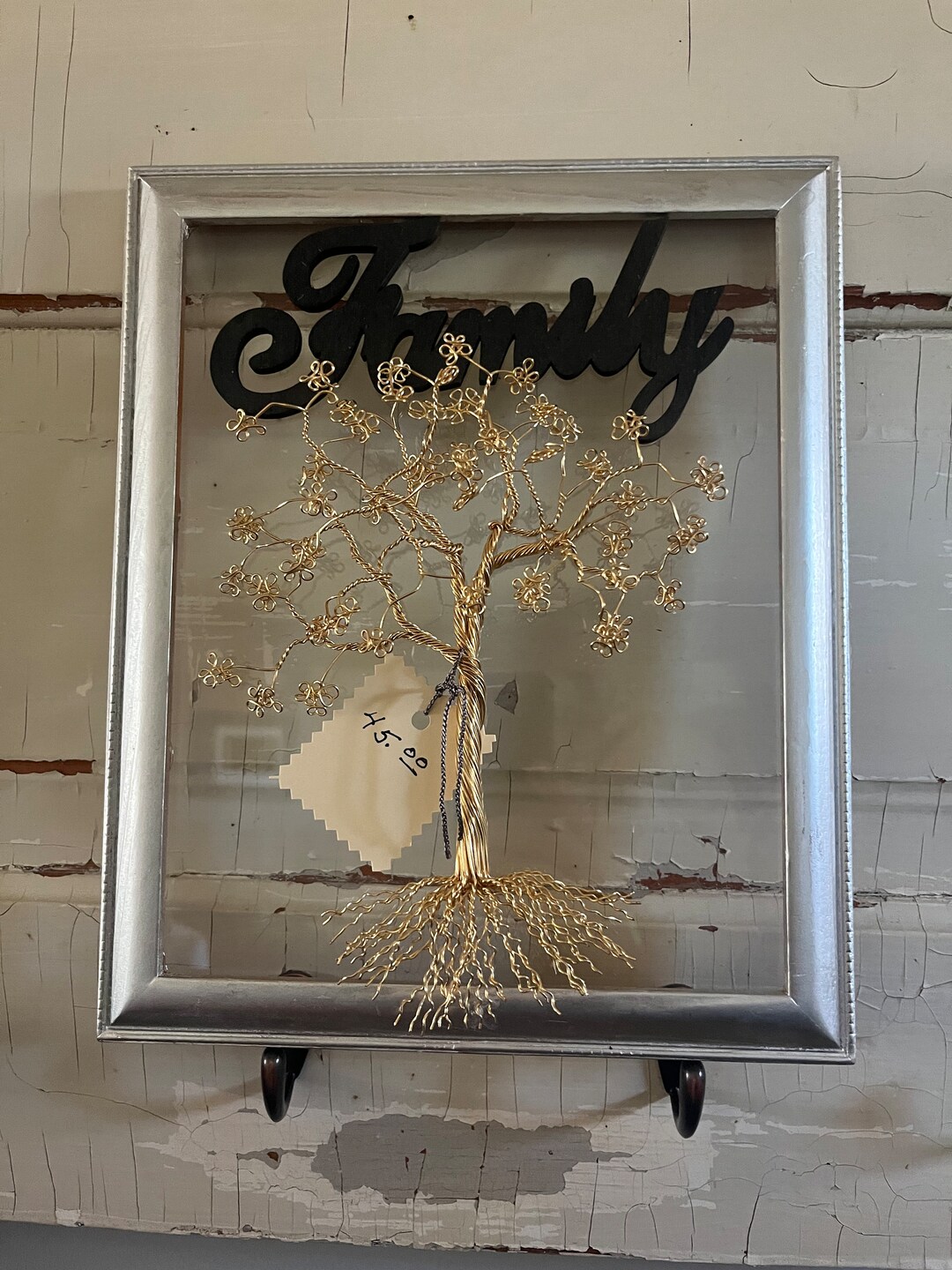 Gold Wire Tree Sculpture on Silver Frame With Glass and Family in Black ...