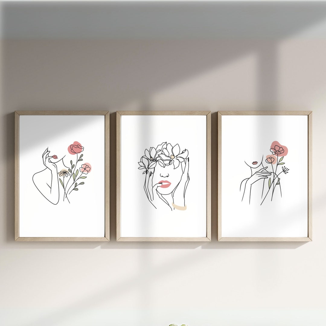 Woman Line Art Set of 3 Prints, Floral Line Art Set, Boho Botanical ...