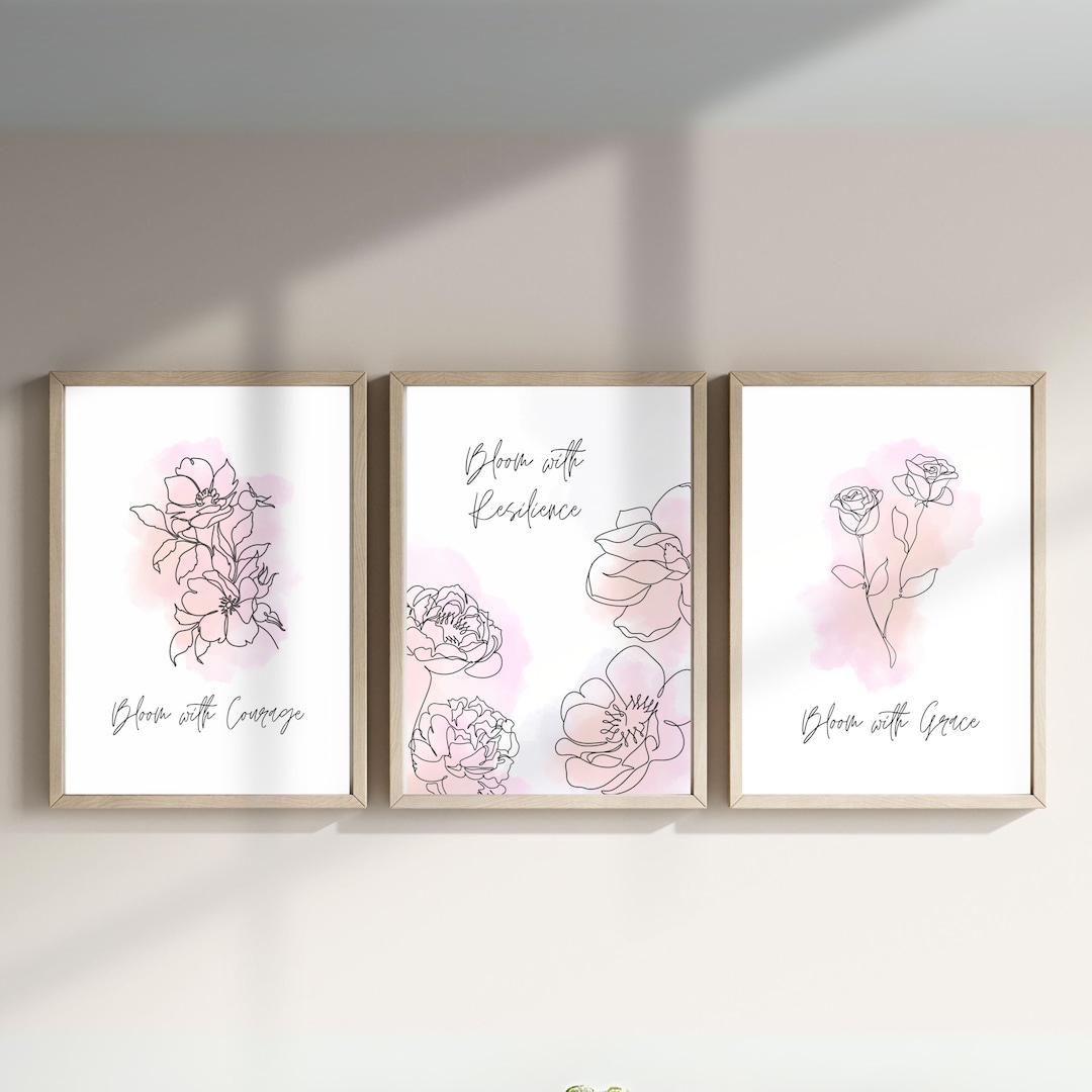 Flower Line Art, 3 Piece Wall Art Set, Botanical Wall Decor, Floral ...