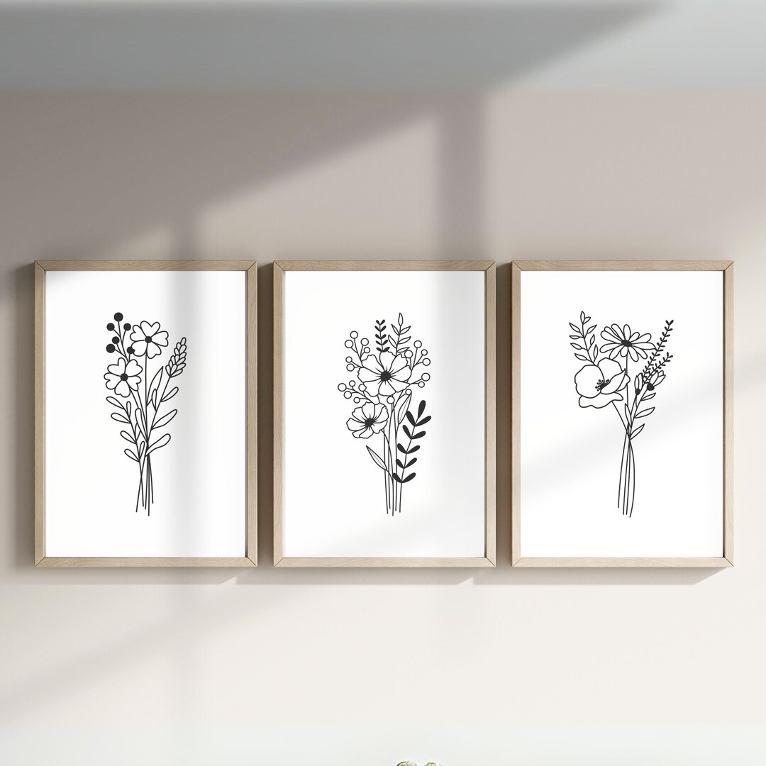 Large Minimal Floral Bouquet Set of 3 Prints, Modern Minimal Wall Decor ...
